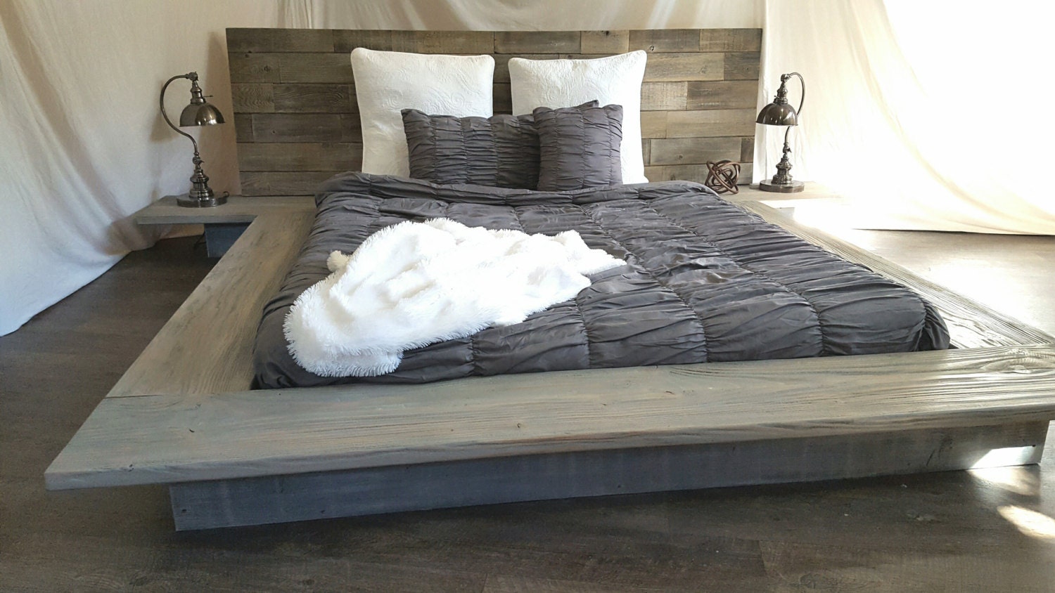 Christine Modern sleek Low Platform solid wood Bed attached nightstand Jackie K Co